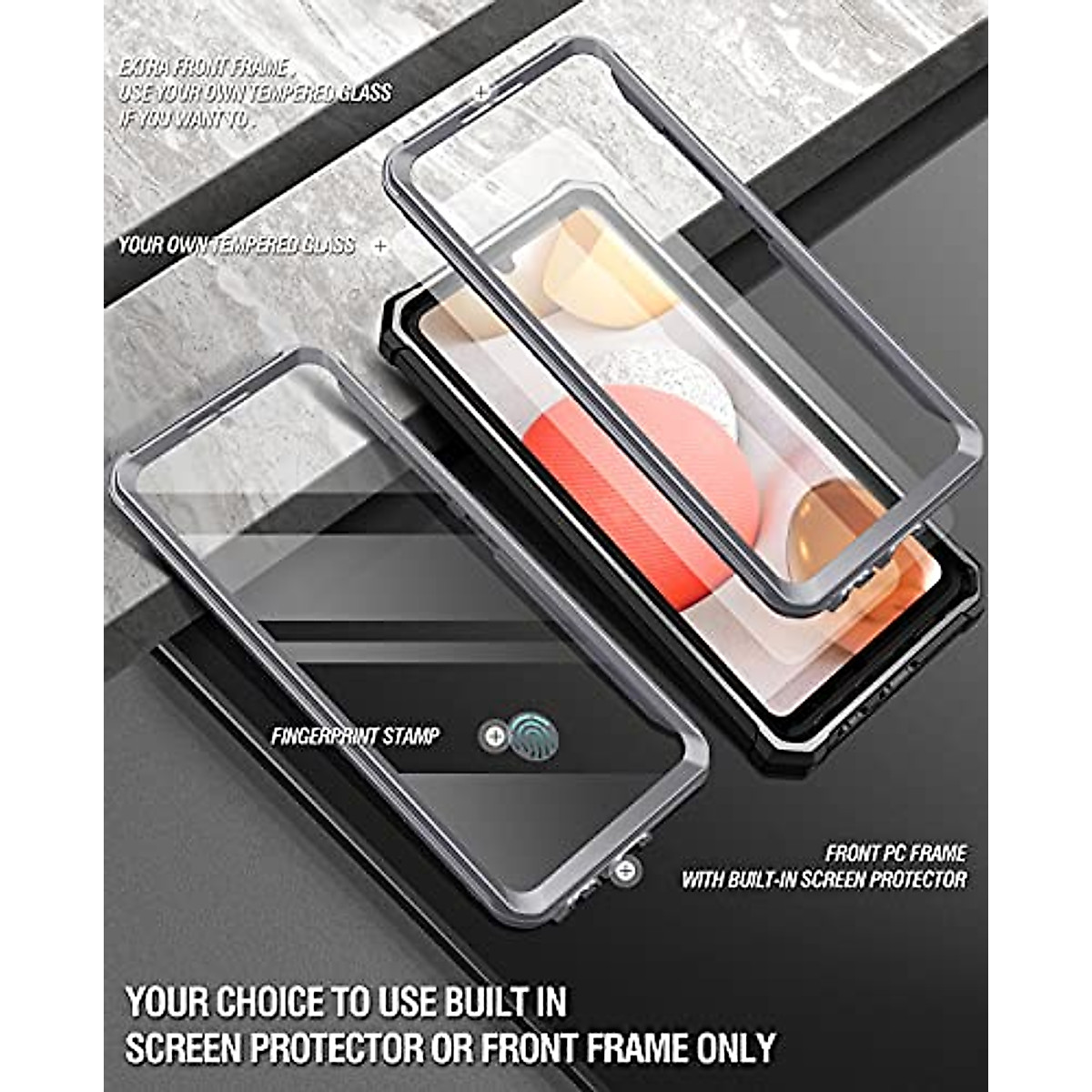Poetic Guardian Case Designed for Samsung Galaxy A42 5G, Built-in Screen Protector Work with Fingerprint ID, Full Body Hybrid Shockproof Bumper Cover Case, Black/Clear