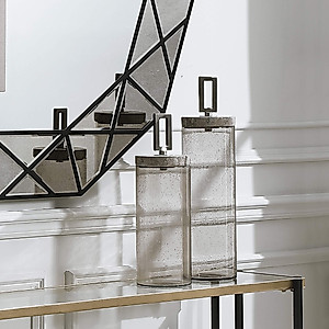 Elegant Gray Seeded Glass Decorative Jars Set 2 Cylinder Clear Marble Tall