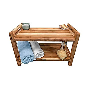 EcoDecors Teak Shower Bench 29" Wood Shower Seat Stool with Storage Shelf and LiftAide Arms, Eleganto Shower Bench for Indoors and Outdoors