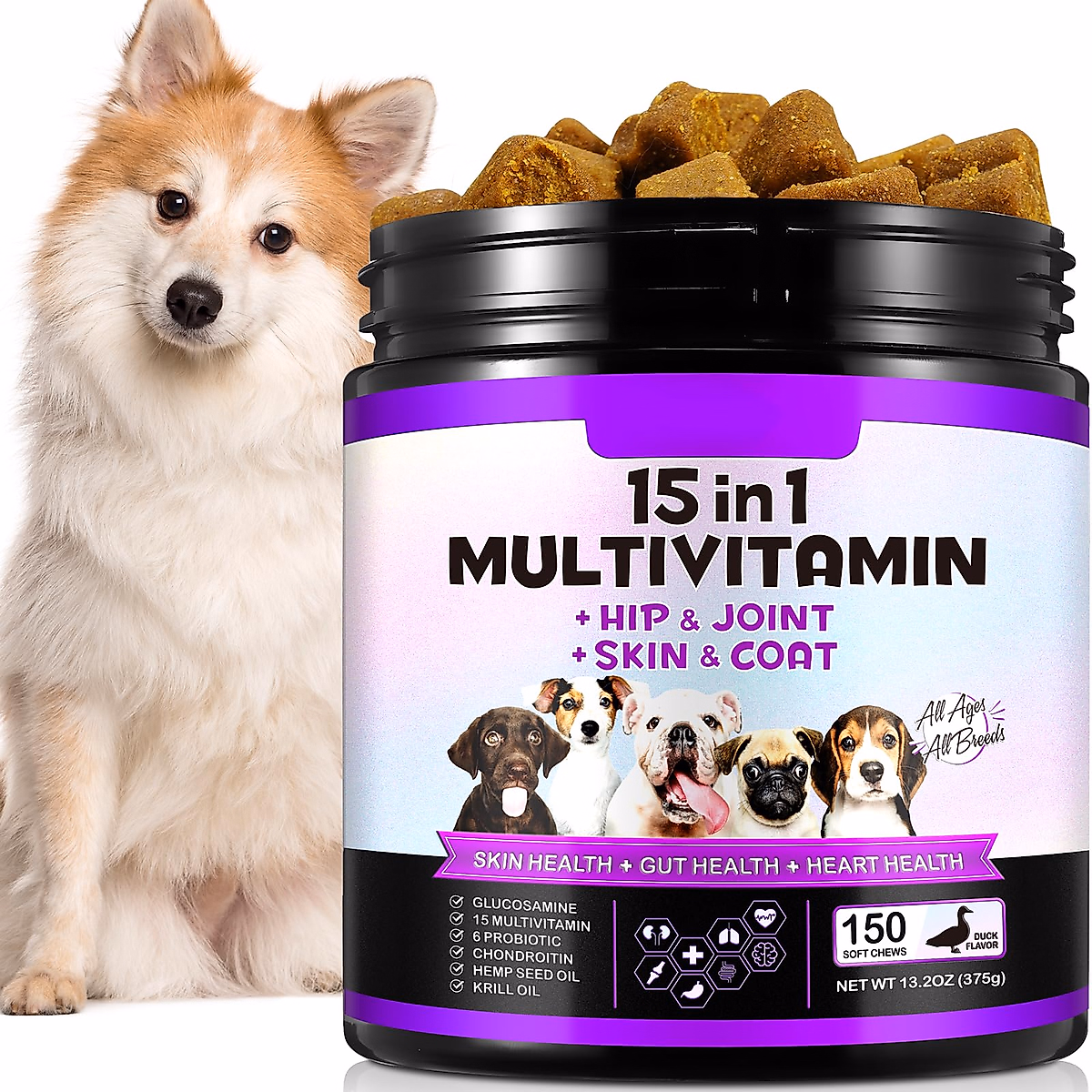 15-in-1 Dog Multivitamin Supplements with Glucosamine & Probiotics，Natural Daily Vitamins Chews for Dogs,Pet Health Support-Skin-Immunity-Gut Digestion-Joint-Heart,150 Pcs-Duck Flavor