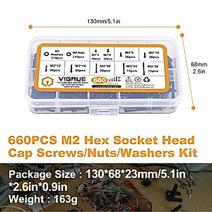 660Pcs M2 Screws Set Black, M2 x 4/6/8/10/12/16/20/25/30mm Hex Socket Head Cap Screws Nuts Washers Assortment Kit, 12.9 Grade Alloy Steel Assorted Screws, Fully Machine Threaded, Allen Socket Drive
