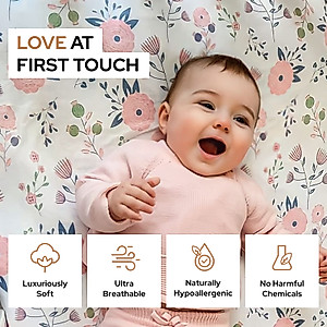 Mini Crib Sheet with Floral & Pink Pattern - 100% Organic Cotton Pack n Play Fitted Sheet - Premium Pack n Play Sheets - Compatible as Graco Pack n Play Sheet & Mini Crib Sheets - Pickle & Pumpkin