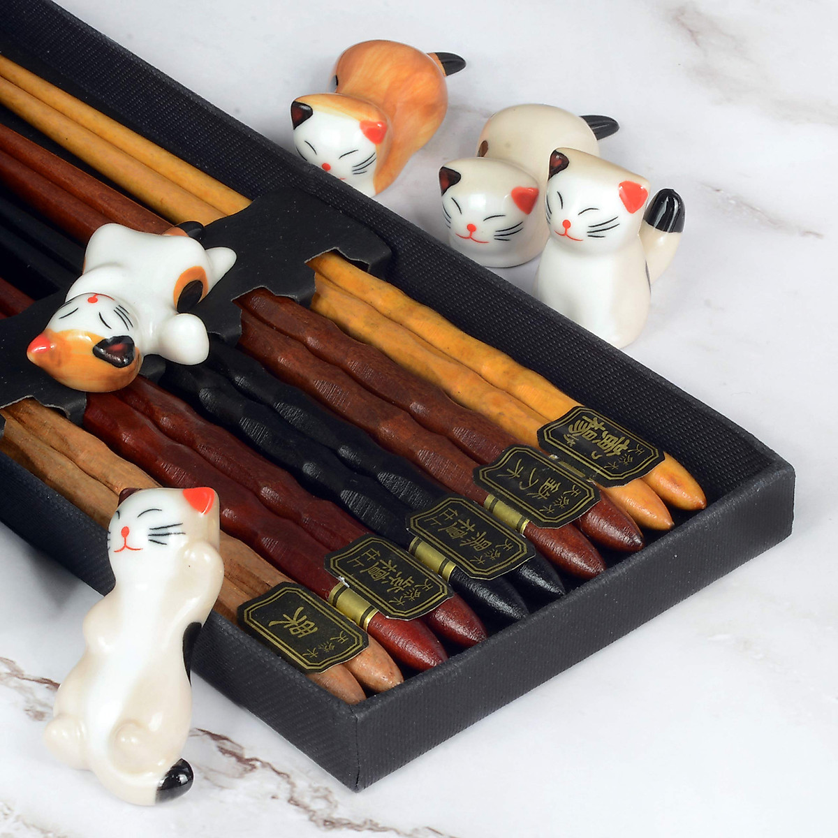 Chopsticks and Chopstick Holder, Cat Chopstick Holder | Japanese Style Chopsticks | Lucky Cat Chopsticks Rest Holder 5 Cats | Lucky Cat Chopsticks, Japanese Chopstick with Lucky Cat Rest