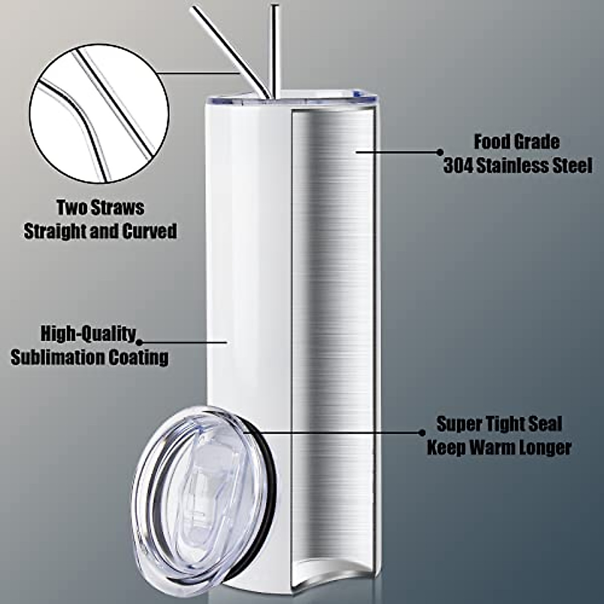 GRAUERHUND 12 Pack 20 oz Sublimation Tumblers Set Skinny Straight Double Walled Stainless Steel Blank Tumbler Bulk with Lid, Straw, DIY Stickers, Shrink Wrap, Rubber Base, Tape for Sublimate