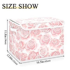 Kigai Storage Basket Pink Rose Flower Storage Boxes with Lids and Handle, Large Storage Cube Bin Collapsible for Shelves Closet Bedroom Living Room, 16.5x12.6x11.8 In