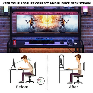 TIYASE Gaming Desk with Monitor Stand & Power Outlet, 55 Inch Gaming Computer Desk with Hutch and Storage Shelves, Large PC Gamer Desk Workstation Gaming Table with Cup Holder, Headphone Hook,Black