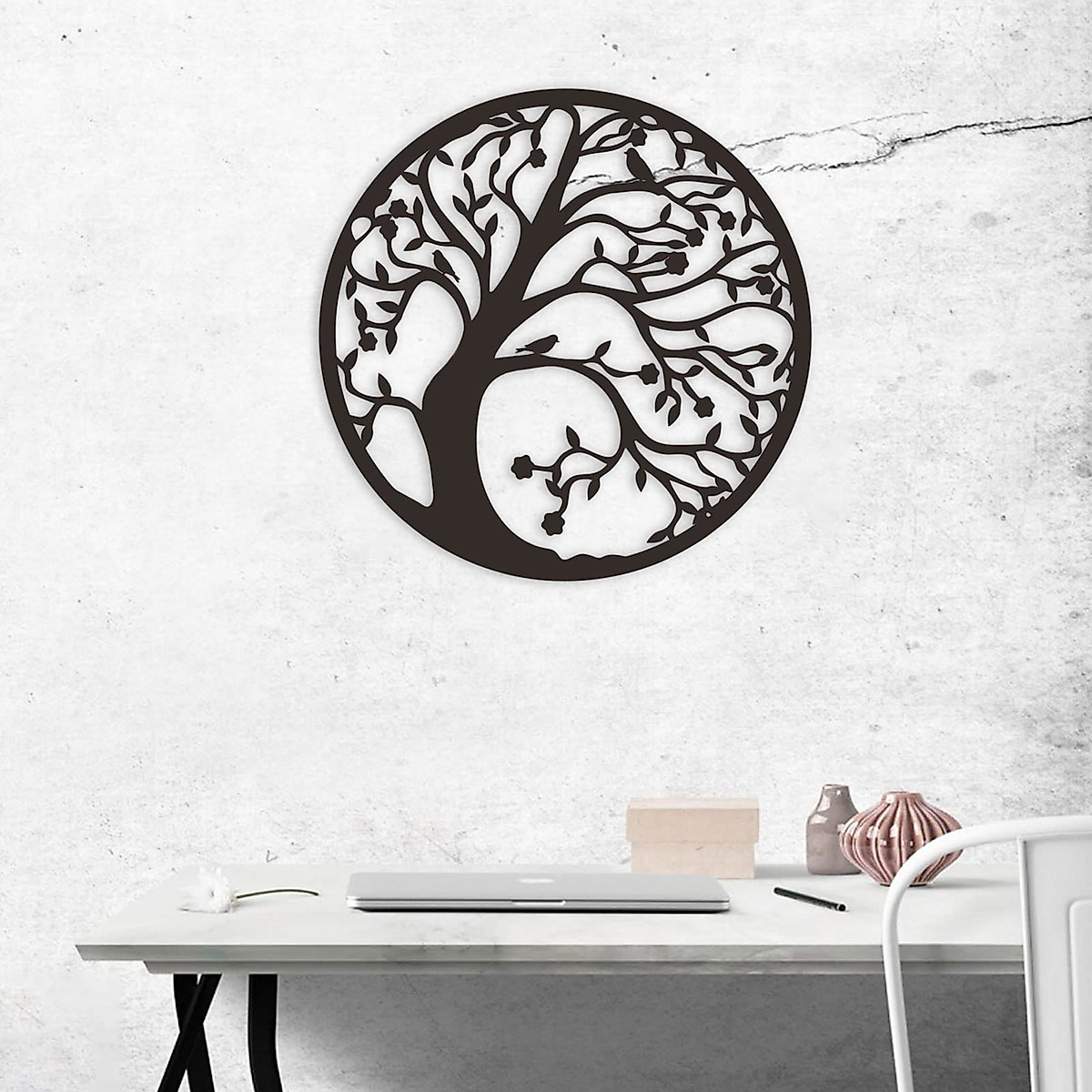 HSART Tree of Life Metal Wall Art, Tree of Life Logo, Black Decorative Tree Silhouette, Suitable for Living Room Bedroom Garden Wall Decoration, 35 * 35cm
