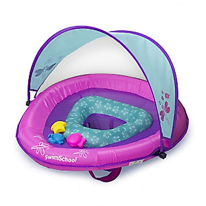 SwimSchool Deluxe Baby Pool Float with Adjustable Canopy - 6-24 Months - Baby Swim Float with Splash & Play Activity Center Safety Seat - Pink/Aqua