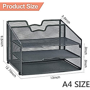 ProAid Paper Organizer Mesh Office Desktop Accessories Organizer, Desk File Organizer with 3 Paper Trays and 1 Vertical Upright Compartment, Black