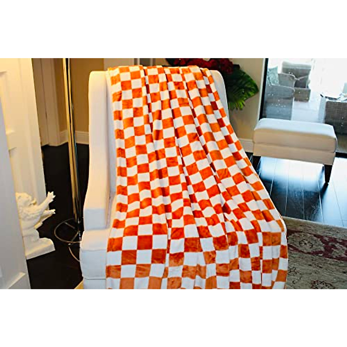 JCG Blanket Luxury Chessboard Plaid Throw Blanket (White/Orange), Fluffy Blankets, Warm Blankets for Winter, Blankets Queen Size, Good Also as Summer Blanket,