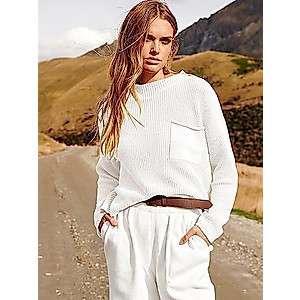 ANRABESS Women's Two Piece Outfits Long Sleeve Knit Top Fall Sweater Set Oversized Pants Tracksuit Lounge Sets White Medium