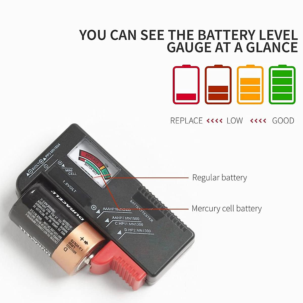 electromott Universal Battery Power Tester - household all kinds of batteries life meter for AA AAA C D 9V 1.5V Button Cell Batteries with Storage Pouch