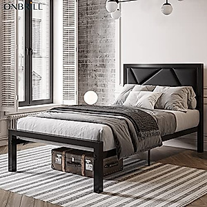 ONBRILL Full Size Modern Metal Bed Frame with Contemporary Faux Leather and Upholstered Headboard，No Box Spring Needed, Black