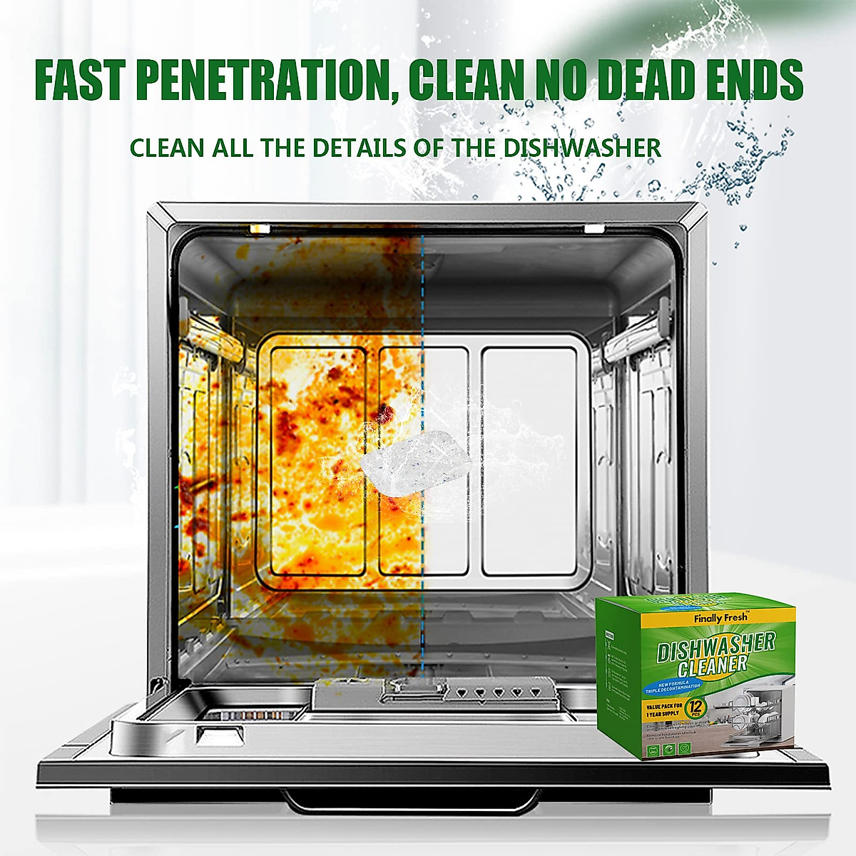 Finally Fresh Dishwasher Cleaner And Deodorizer, Dishwasher Cleaner Tablets to Remove Limescale and Mineral Buildup, Formulated to Clean Inside All Machine, 12 Count.