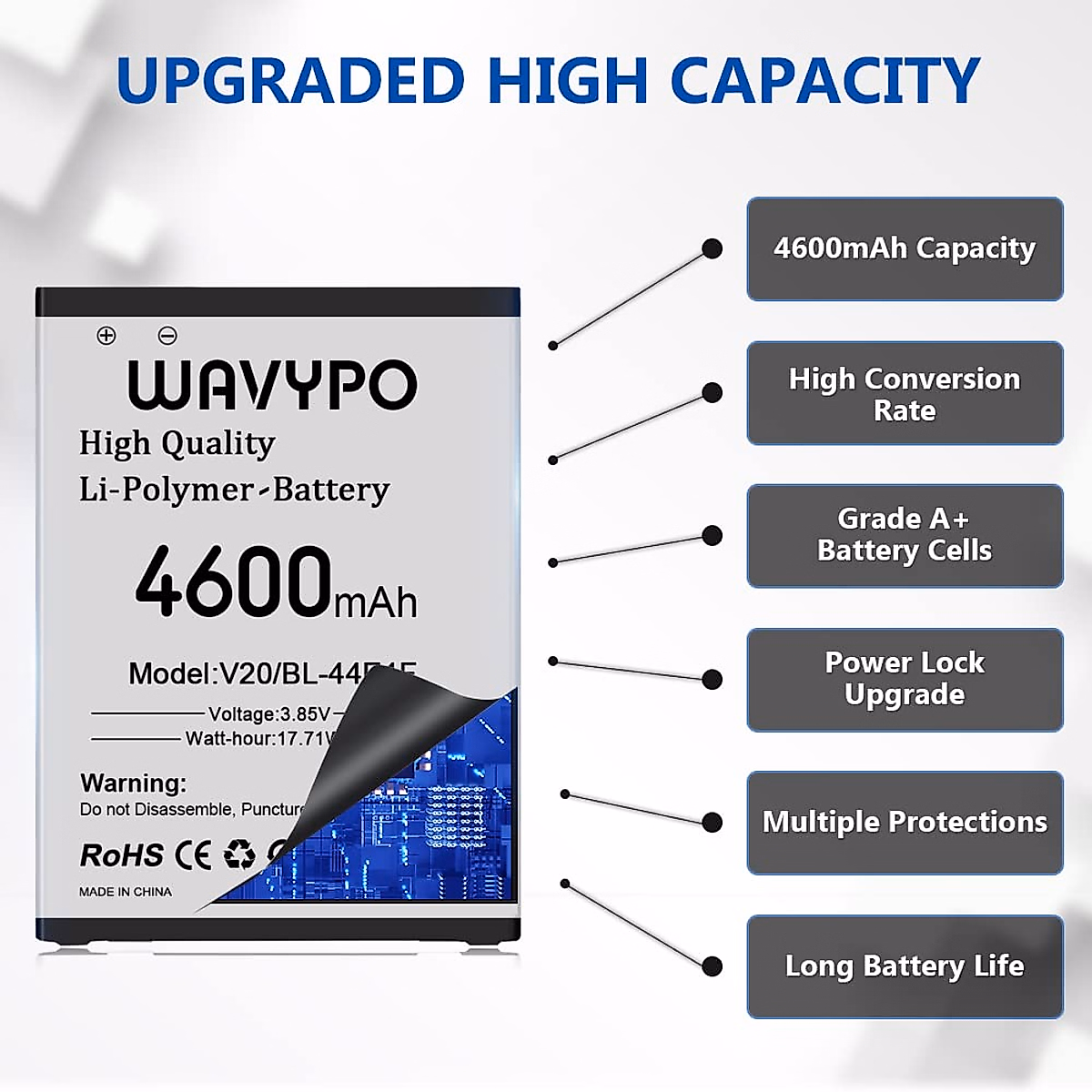 WAVYPO Battery for LG V20 Battery, [4600mAh] Upgraded BL-44E1F Replacement Battery for LG V20 BL-44E1F, V20 BL-44E1F / LG V20 Battery for LG H910 H918 V995 LS997 | LG V20 Spare Battery