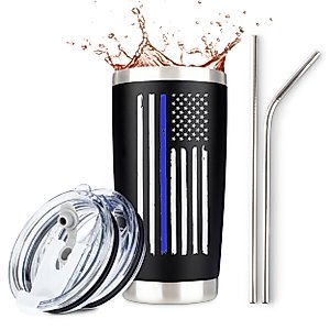 JENVIO Thin Blue Line Police Tumbler | Stainless Steel Travel Mug Including 2 Lids 2 Straws Gift Box for Coffee Cup | Correctional for Him | Cops Officer Valentine's Day Gift