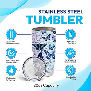 Hyturtle Personalized Gifts For Butterfly Lover - Butterflies Prints Custom Name Stainless Steel Tumbler 20oz With Lid - Idea Butterfly Lover Gifts For Women Girl Kids On Birthday, Christmas