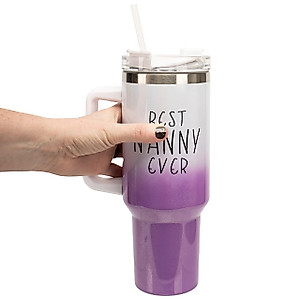 Elanze Designs Best Nanny Ever Childcare Au Pair 40 oz. Stainless Steel, Large Water Bottle Coffee Mug, Spill & Leak Resistant, Thermal Travel Tumbler with Handle, Lid & Straw, White/Purple