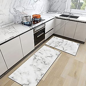 Anti Fatigue Thick Kitchen Rugs and Mats Set 2 Farmhouse Runner, Non Slip Waterproof Memory Foam Comfort Cushioned Standing Kitchen Floor Runner Decor for Sink Laundry (17"x 29"+17"x 47", Marble)