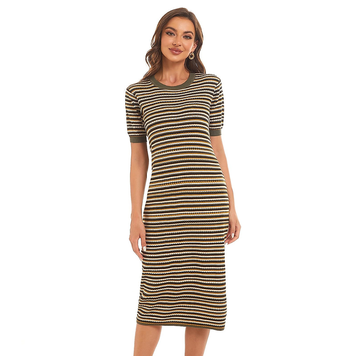 togputel Women's Short Sleeve Striped Knit Midi Dress Casual Comfortable Everyday Wear Flow Fit Brown Stripe,L