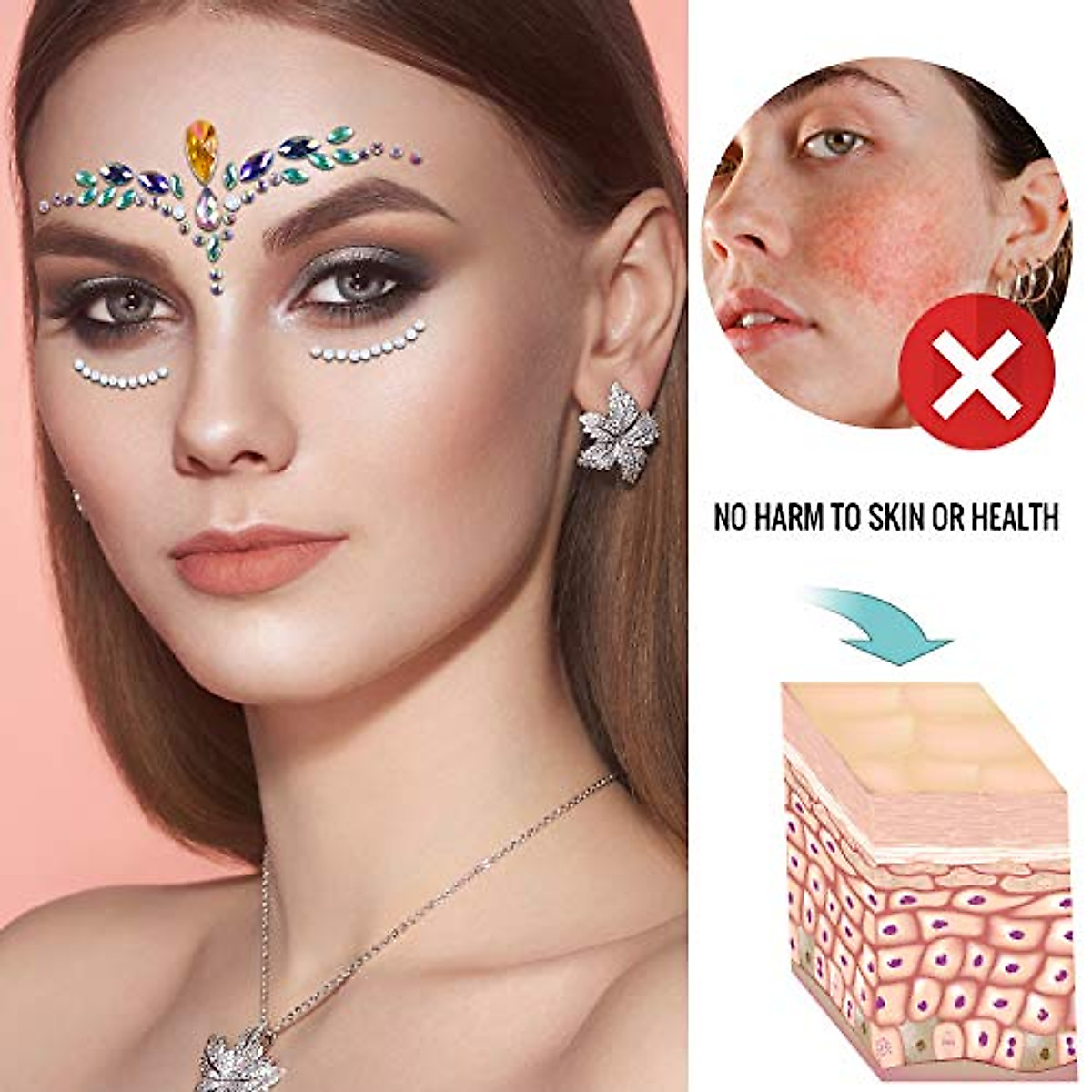 AOMIG Face Gems Glitter, 6 Pcs Rhinestone Face Glitter Stickers, Mermaid Face Jewels Stick On, Crystal Tears Gem Stones Eyes Face Body Temporary Tattoos Stickers for Birthday Party, Rave Makeup