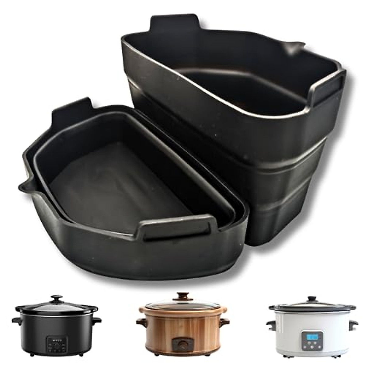 SimplyRye Silicone Slow Cooker Liners fits 6QT Crockpot, Reusable/Leakproof, Slow Cooker Divider Insert Liners, Dishwasher Safe (2 in 1 Black fits 6QT)