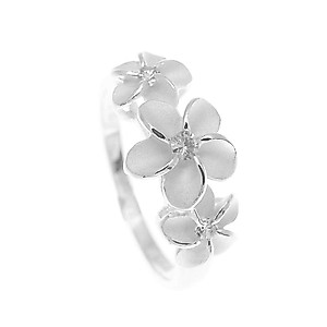 Arthur's Jewelry Sterling silver 925 3 Hawaiian plumeria flower ring clear cz size 8