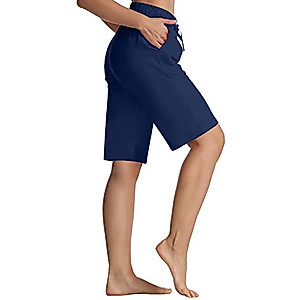 ChinFun Women's Yoga Bermuda Shorts Athletic Lounge Cotton Sweat Shorts 10" Long Shorts Workout Running Shorts Navy L