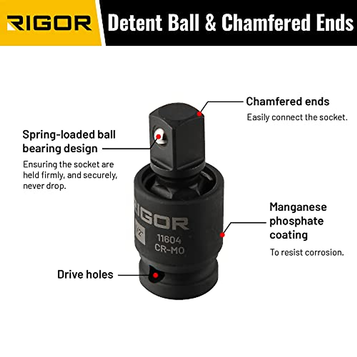 RIGOR 11601 Universal Joint Swivel Socket Adapter Set | 3PCS, 1/2", 3/8", 1/4" Drive | CR-MO Impact Grade | Aluminum Storage Rail