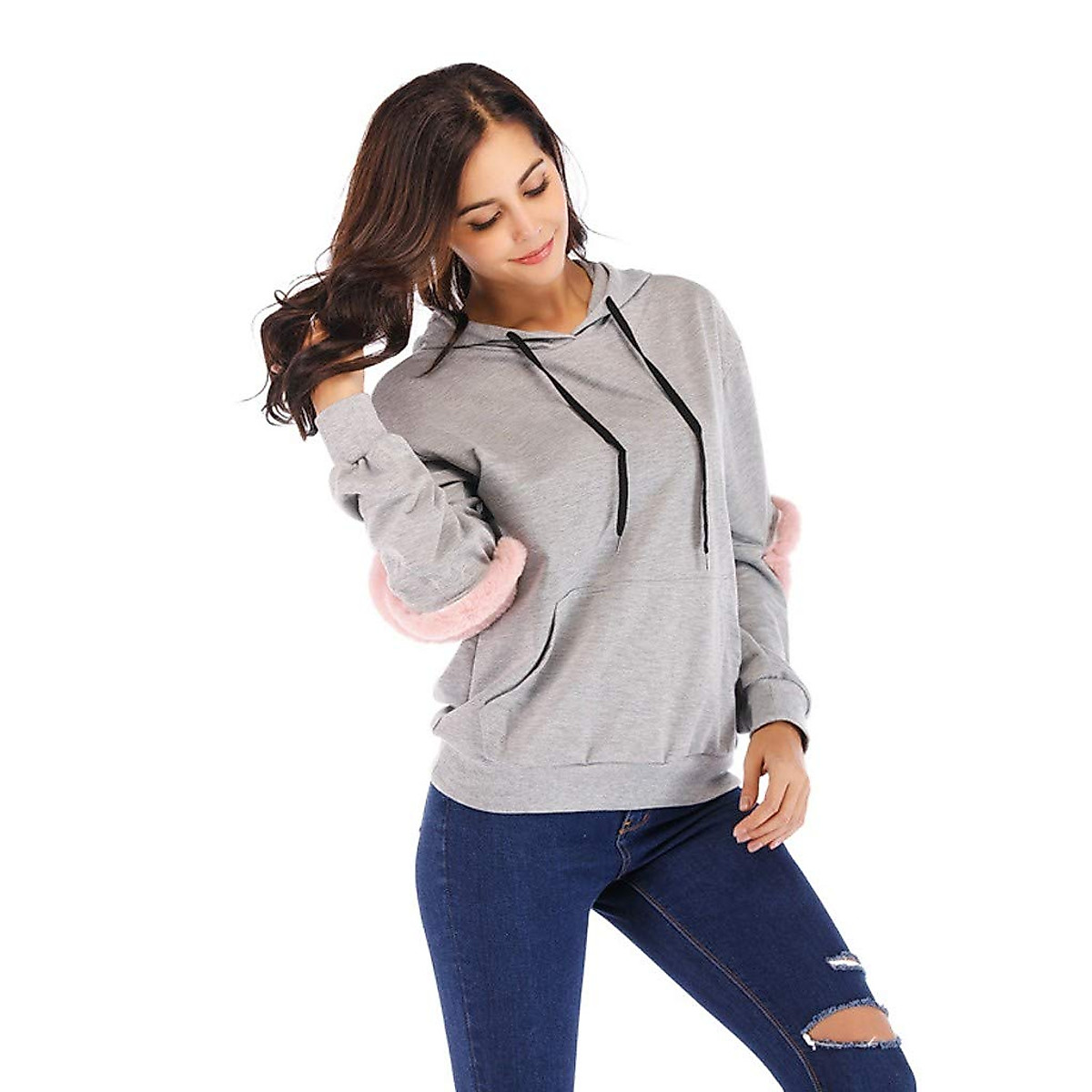 Patchwork Top for Women Sweatshirt Casual Loose Gray Pullover Long Sleeve Hole Plush Style Fashion Outwear (Gray,M)