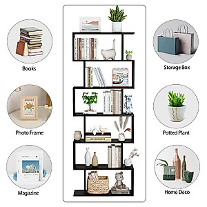 Yusong Bookshelf 6-Tier, Geometric Bookcase S Shaped Book Shelves for Bedroom, Modern Wood Decorative Display Shelf Tall Book Case for Home Office, Black