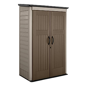 Rubbermaid Vertical Resin Outdoor Storage Shed, With Floor (4 x 2.5 Ft), Weather Resistant, Brown, Organization for Home/Backyard/Garden Tools/Porch/Patio Cushions/Pool Chemicals/Toys