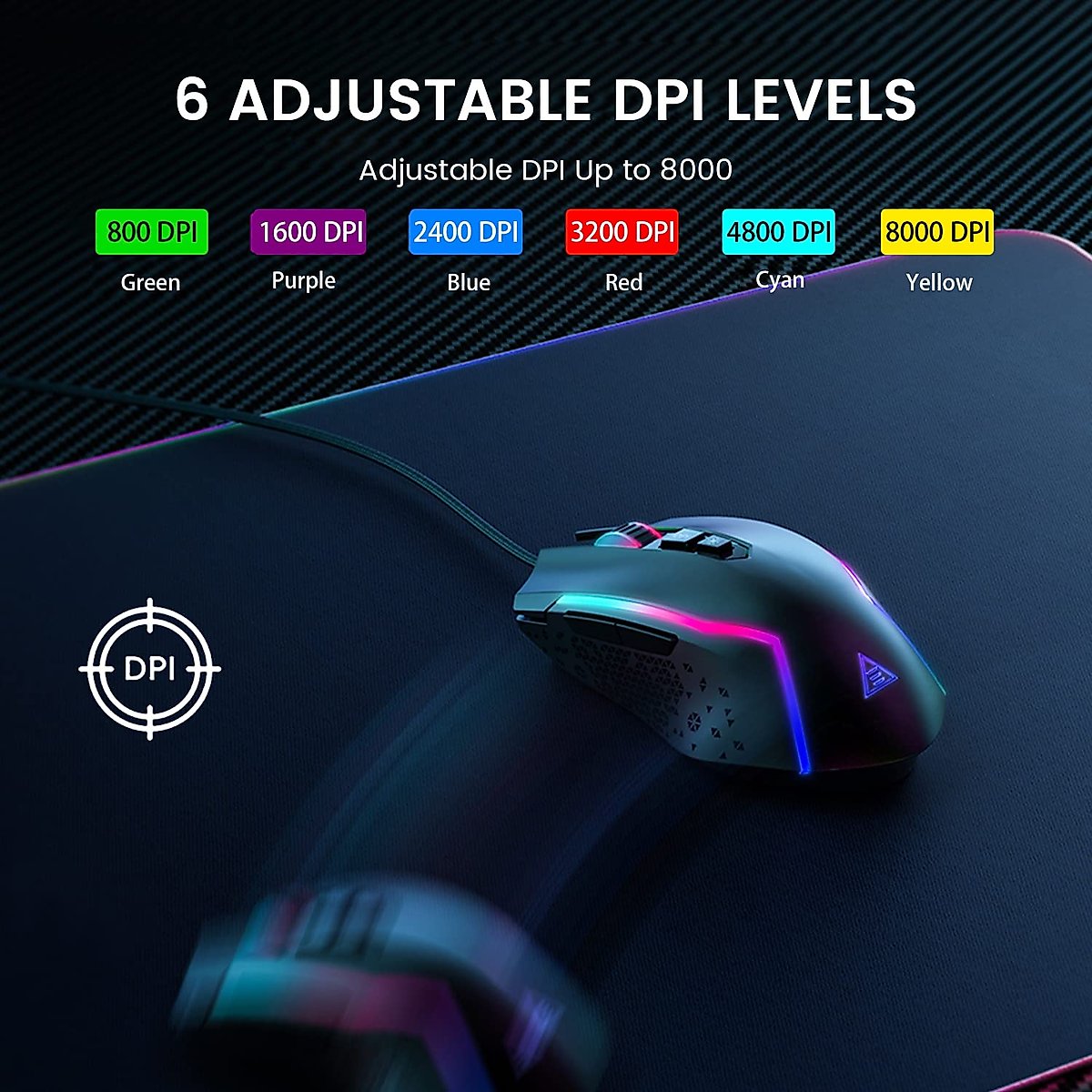 EKSA Gaming Mouse, Computer Mouse with 7 Programmable Buttons, Wired Gaming Mice with Chroma RGB 6 Backlit & Adjustable 8000DPI for Windows PC Gamers