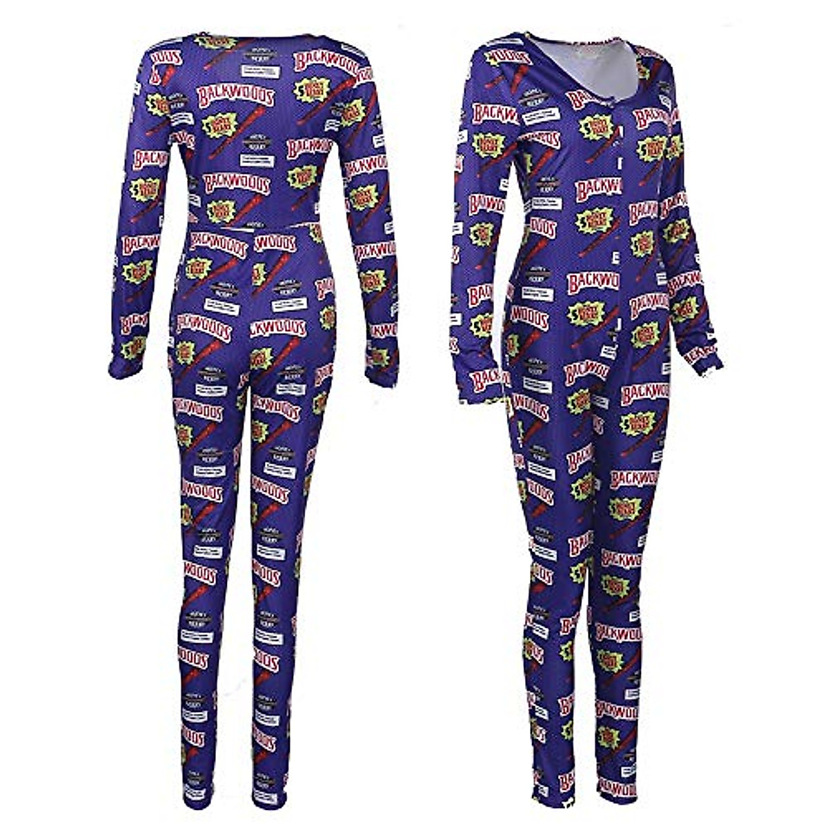 Women Sleepwear One Piece V Neck Button Up Cotton Pajama Jumpsuit Long Sleeve Trouser Pants Night Wear Romper (Backwoods-purple, Medium)