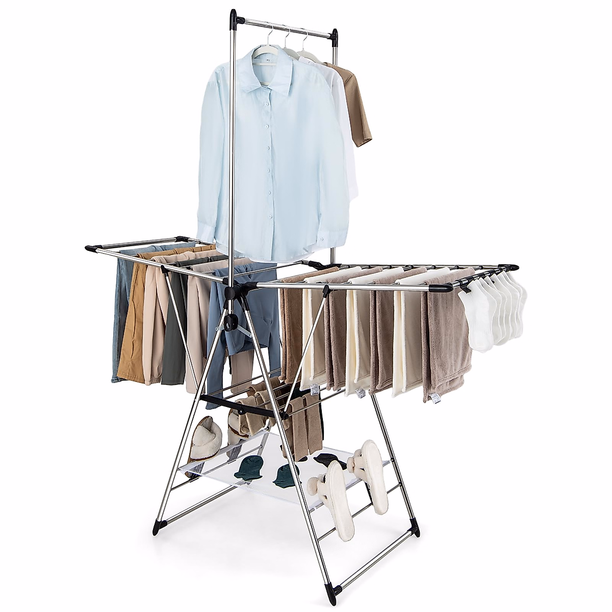 Tangkula 2-Layer Stainless Steel Drying Rack, Foldable Laundry Drying Rack w/ 1 Hanging Bar & 2 Height-Adjustable Wings, 23 Drying Rails, Netting Drying Rack, No Assembly Required