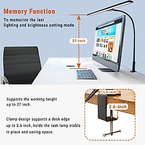 Frkaiuza LED Desk Lamp, Architect Desk Lamps for Home Office, Eye-Caring Clamp Lamp with Gooseneck,18W LED 3 Modes 6 Brightness, Modern Desk Light for Monitor Studio Reading, Remote and Touch Control