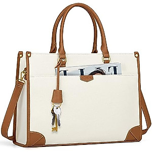 NUBILY Laptop Bag for Women 15.6 inch Lightweight Canvas Tote Waterproof Work Shoulder Bags Large Capacity Computer Professional Office Business Briefcase Casual Handbag Travel College, Brown