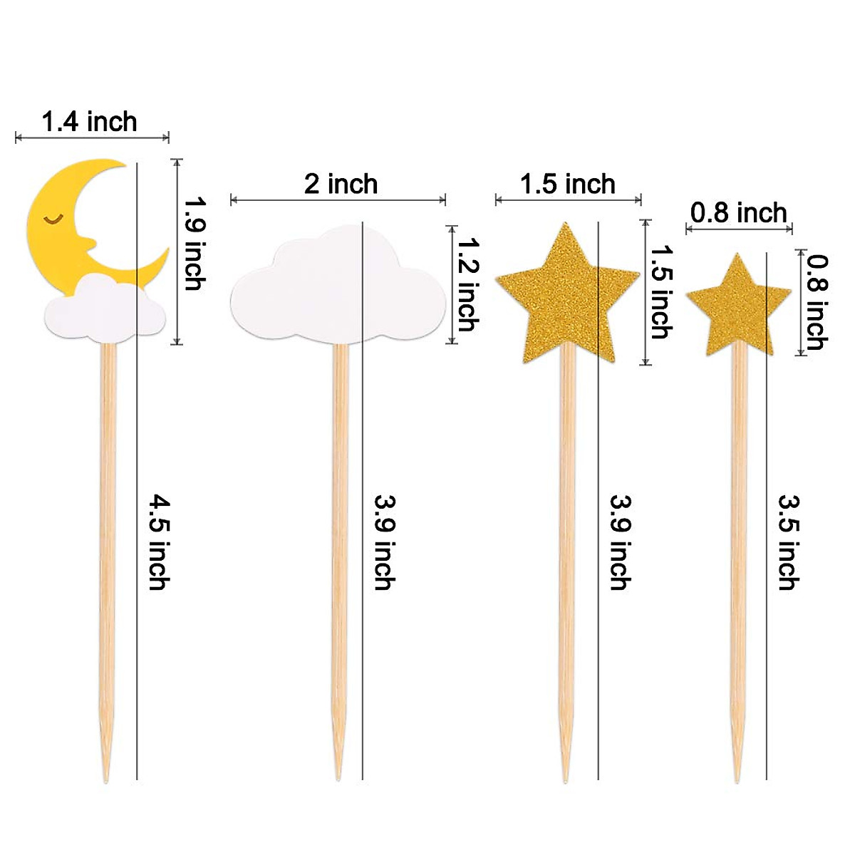 TAJIAA 36PCS Glitter Star Moon and Clouds Cupcake Toppers Picks for Birthday Party Baby Shower Wedding Christmas Valentine's Day Decorations