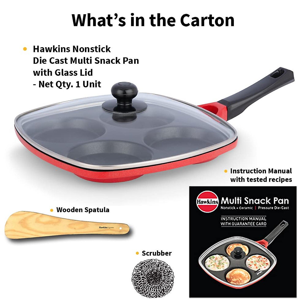 Hawkins 30 cm Die-Cast Multi Snack Pan with Glass Lid, Nonstick Mini Uttapam Tawa, Pancake Pan, Red (DCMS30G)