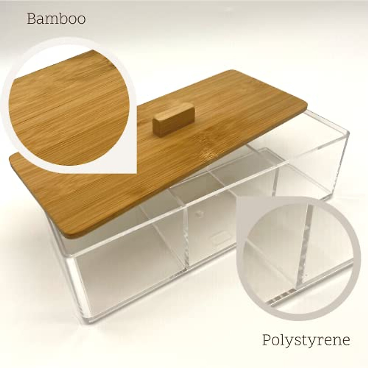 Kornerstore Compartment Organizer with Bamboo Lid - an Organizer and Storage Solution for Bathroom, Countertop - Qtip, Bathroom Accessories, Lash, Cotton Swabs, Coffee Pods, Tea Bags