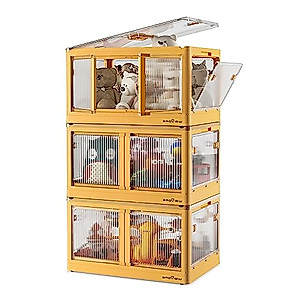 BROVIEW Plastic Storage Bins with Lids, 3 Pack 25 Gal Stackable Storage Cabinets Closet Organizers with 5-Doors, Collapsible Storage Containers Box for Kitchen Bedroom Living Kids Room Dorm (Yellow)