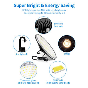 LED High Bay Light 150W, 22500LM LED Shop Light with US Plug 5' Cable, 5000K Daylight UFO LED High Bay Lights, IP65 Commercial Warehouse Light, Super Bright Area Bay Lighting for Garage Barn Workshop