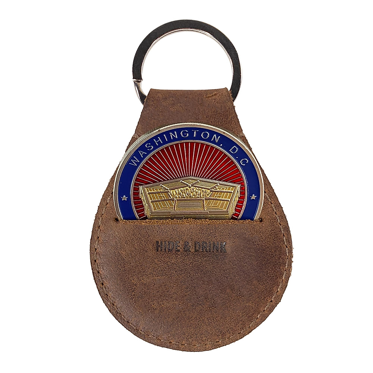 Hide & Drink, Medallion Holder Keychain, Secure Keyring Attachment for Storing Memorabilia, Keepsakes, Special Coins, Full Grain Leather, Handmade, Bourbon Brown