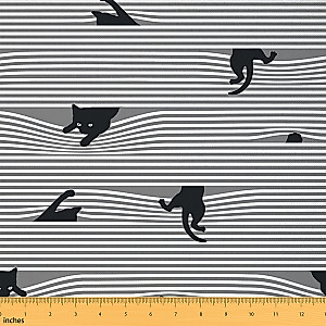 Feelyou Cute Cat Fabric by The Yard, Funny Kitten Stripe Lines Upholstery Fabric, Playing Cats Cat Lover Outdoor Fabric, Reupholstery Fabric for Chairs, 2 Yards, Gray Black