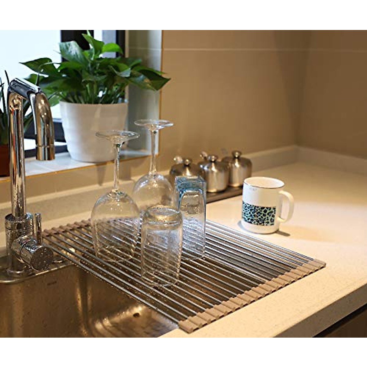 Ahyuan Roll up Dish Drying Rack Over The Sink Dish Drying Rack Roll-up Drying Rack Sink Drying Rack Dish Racks for Kitchen Counter Camper Accessories (Warm Gray, 13.8''Wx17.7''L)