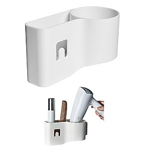 SooGree Hair Dryer Holder - White Hair Tool Organizer Bathroom Blow Dryer Holder Wall Mounted Hot Tool Holder for Curling Iron Hair Straightener Hair Styling Tools Storage Small Punching Free