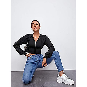 WDIRARA Women's Drop Shoulder Zip Up Drawstring Hoodie Black M