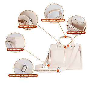 Canvas Tote Bags for Women Handbag Tote Purse with Zipper Canvas Crossbody Bag for Office, Travel, School, White