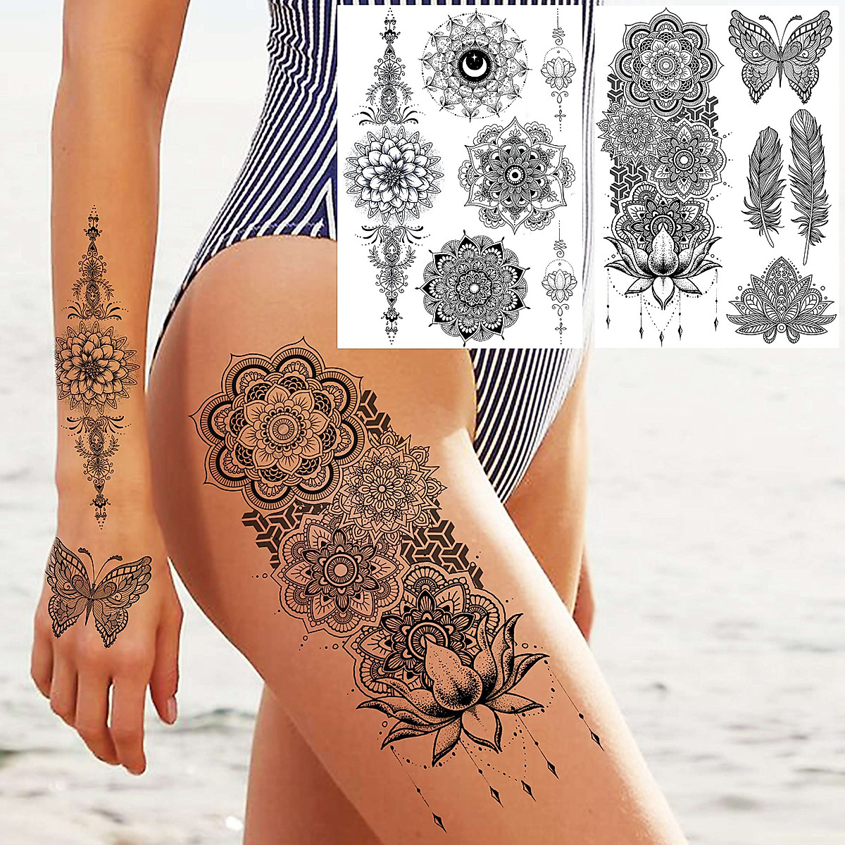 COKTAK 6 Pieces/Lot Unique Black Henna Temporary Tattoo Stickers For Adults Women Girls Feather Mandala Flower Body Art Large Big Arm Tattoos Sheet Lace Indian Mehndi Sexy Wedding Tatoos OWL