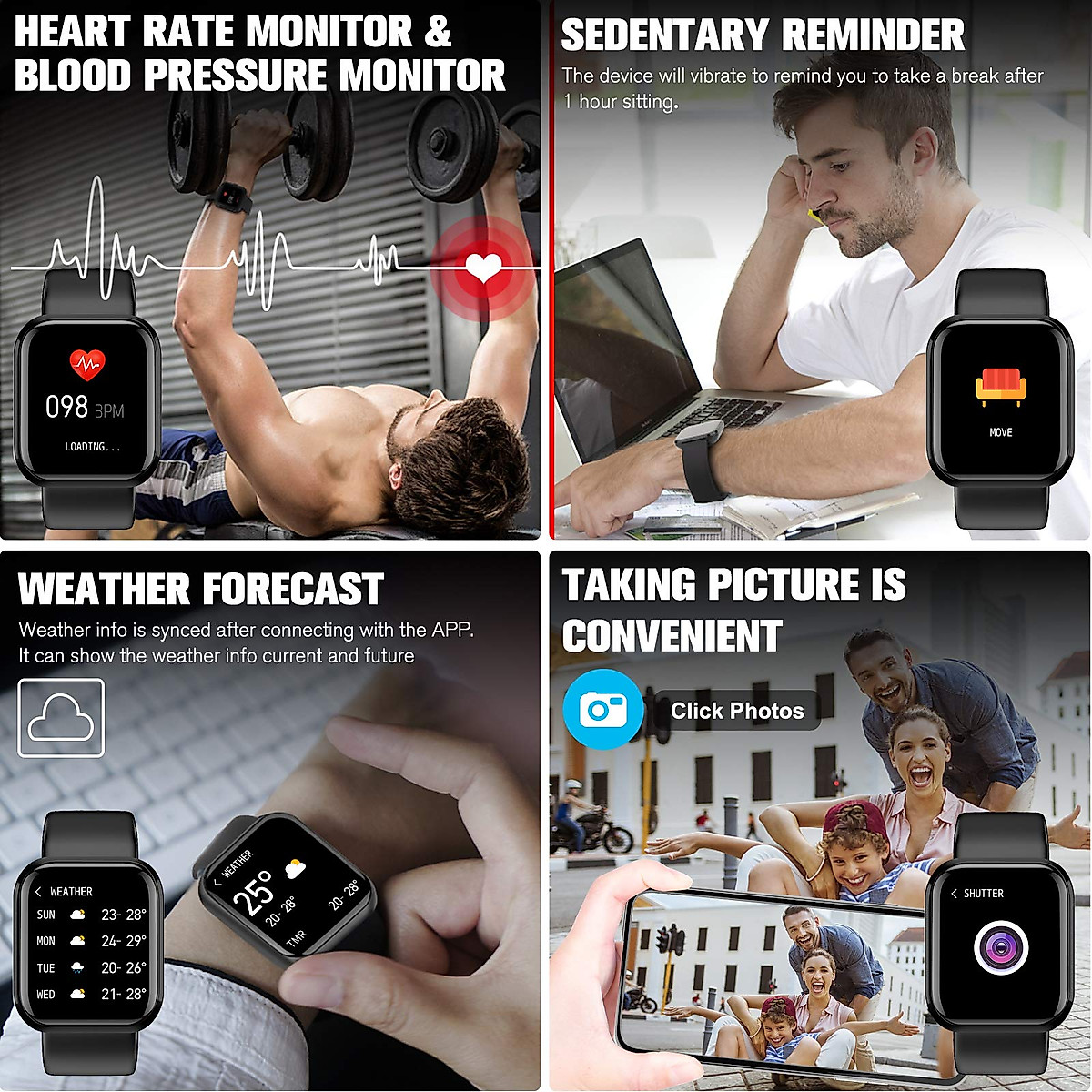Amokeoo Smart Watch,Fitness Watch Activity Tracker with Heart Rate Blood Pressure Monitor IP67 Waterproof Bluetooth Android Smartwatch Touch Screen Sports for iOS Phones Men Women Black, GG45